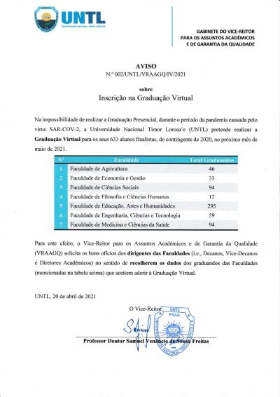 UNTL pretende realizar graduação virtual para finalistas - TATOLI ...